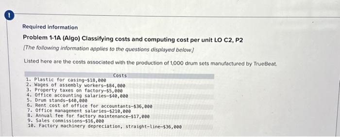Solved Required information Problem 1-1A (Algo) Classifying | Chegg.com
