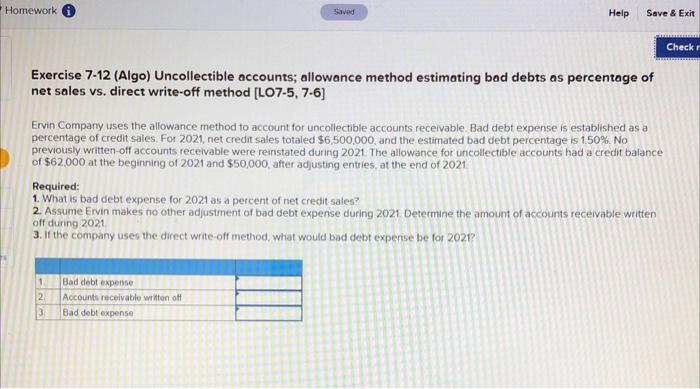Solved Homework Saved Help Save & Exit Check Exercise 7-12 | Chegg.com