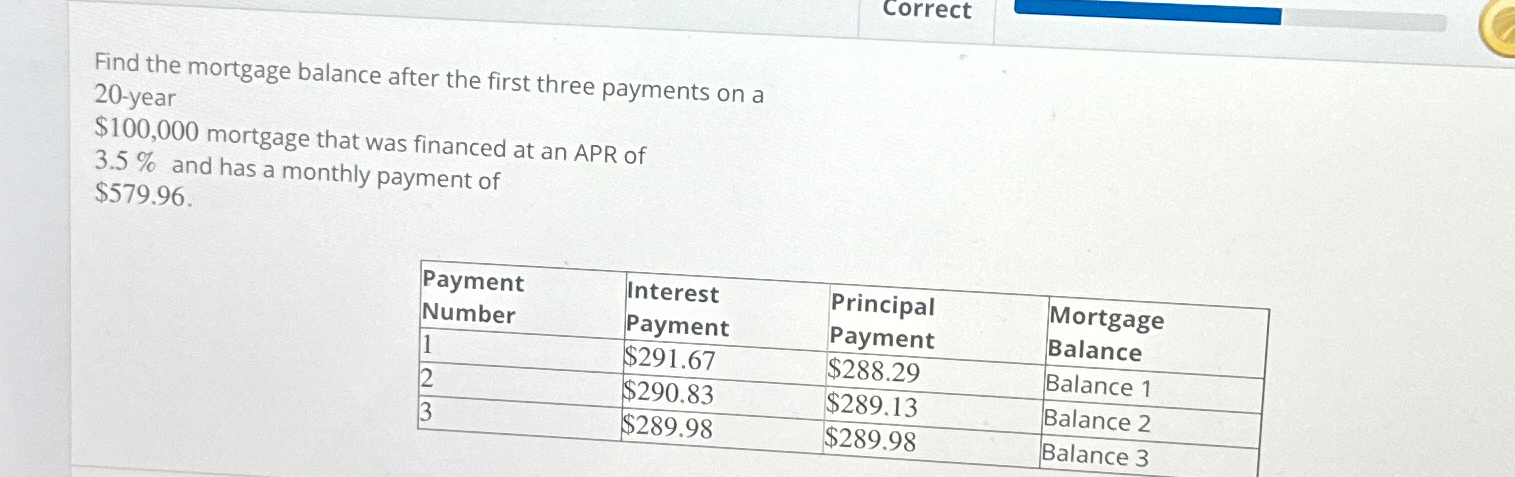 Solved CorrectFind the mortgage balance after the first | Chegg.com