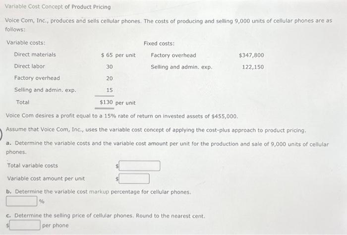 Solved Variable Cost Concept of Product Pricing Voice Com, | Chegg.com