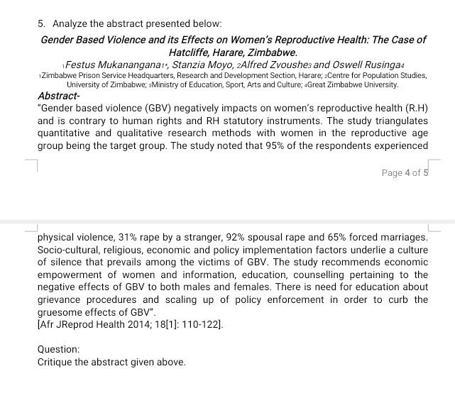 Solved 5. Analyze the abstract presented below: Gender Based | Chegg.com