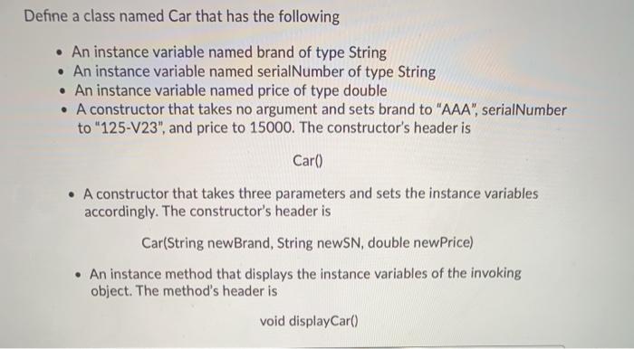 Solved Define a class named Car that has the following • An | Chegg.com