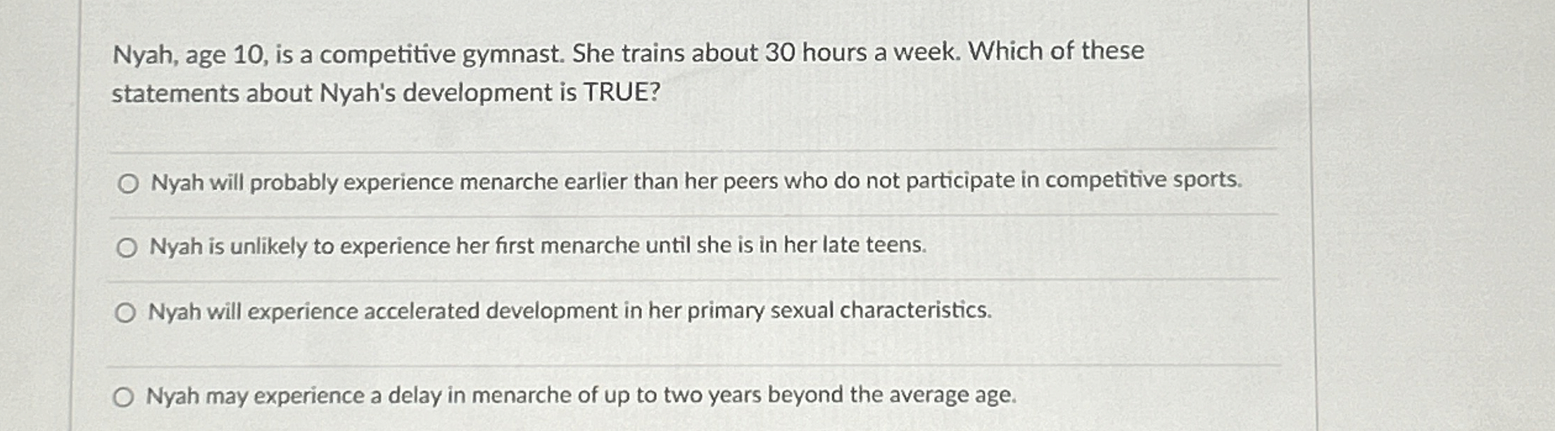 Solved Nyah, age 10, ﻿is a competitive gymnast. She trains | Chegg.com