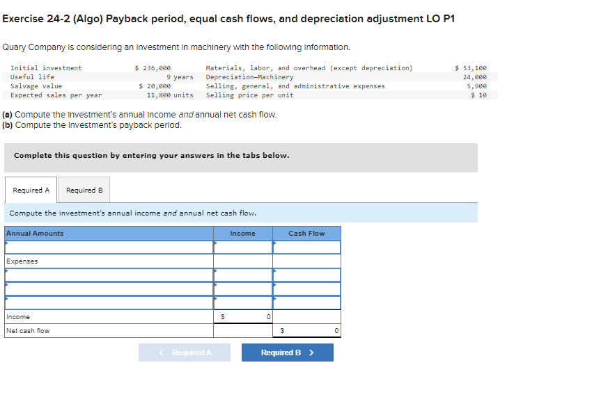 Solved Exercise 24-2 (Algo) ﻿Payback period, equal cash | Chegg.com