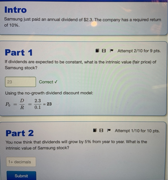Solved Intro Samsung just paid an annual dividend of $2.3. | Chegg.com