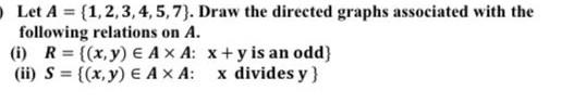 Solved Let A={1,2,3,4,5,7}. Draw the directed graphs | Chegg.com