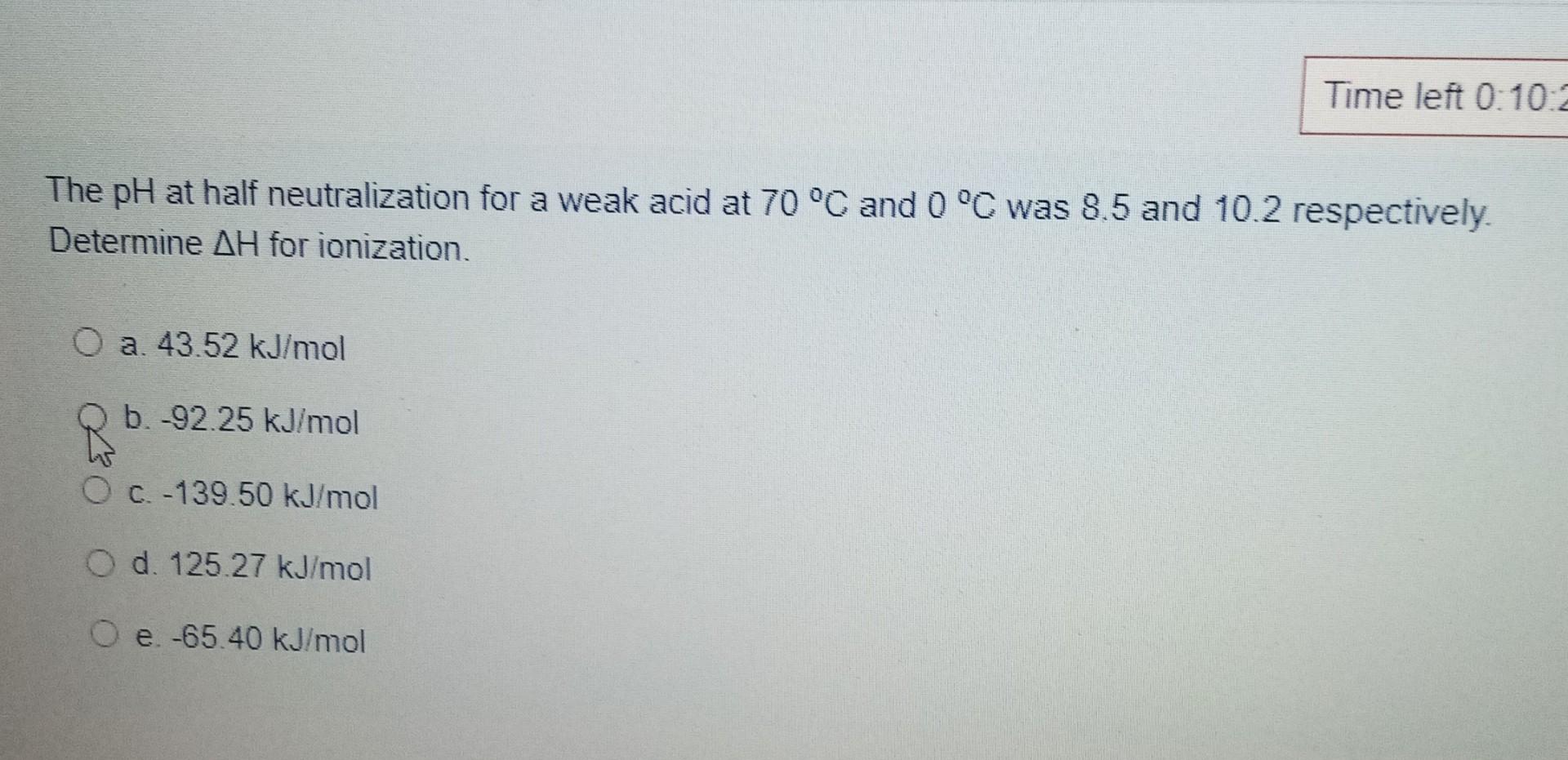Solved Time left 0:10:2 The pH at half neutralization for a | Chegg.com