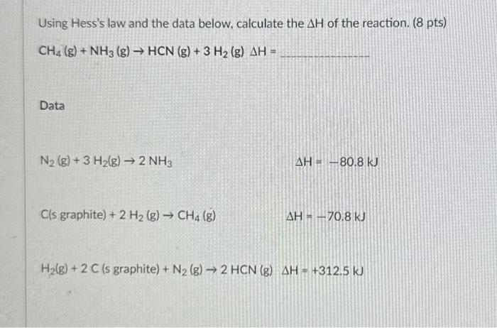 Solved Using Hess's law and the data below, calculate the ΔH | Chegg.com