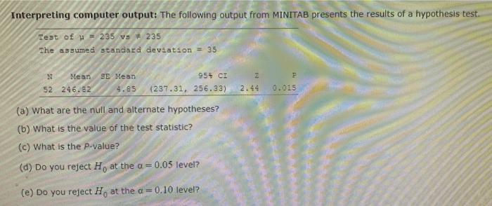 Solved Interpreting computer output: The following output | Chegg.com