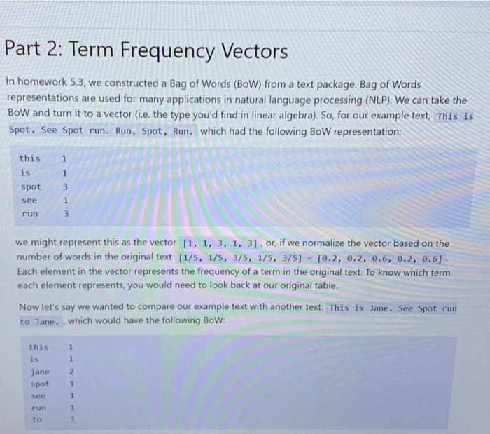 Solved Part 2: Term Frequency Vectors a In homework 5.3, we | Chegg.com
