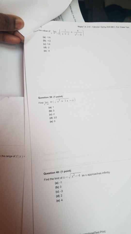 Solved 2020 MEC Pro. Pre alcule Maple TA 2.51. Calculus 1 | Chegg.com