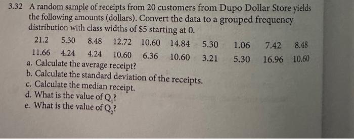 Solved 32 A random sample of receipts from 20 customers from | Chegg.com