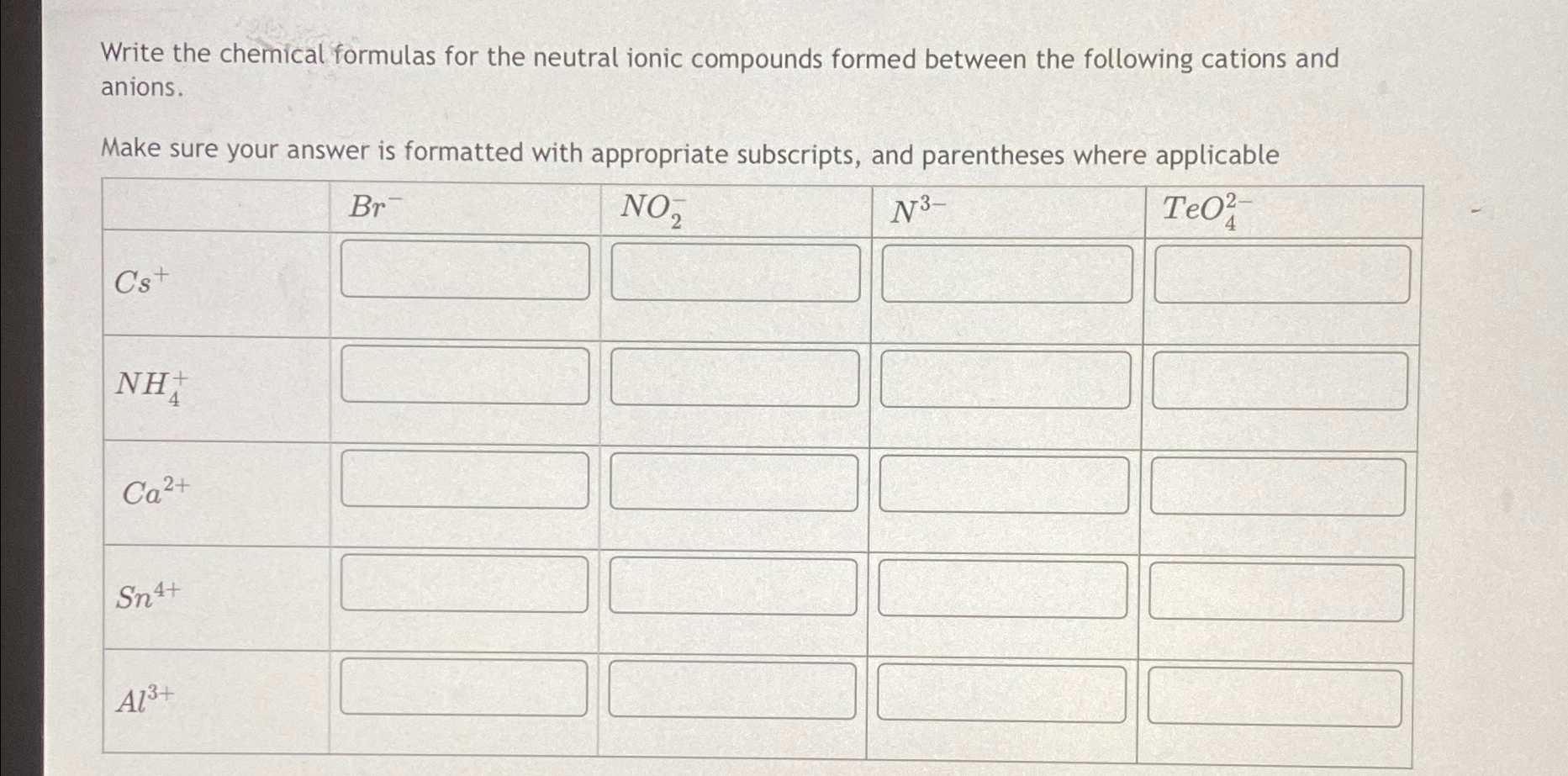 Solved Write the chemical formulas for the neutral ionic | Chegg.com
