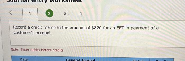 Solved Record a credit memo in the amount of $820 for an EFT | Chegg.com