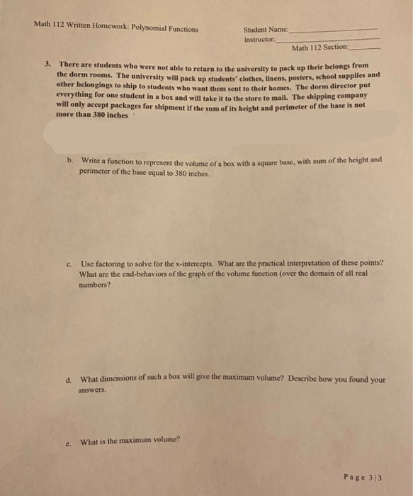 Solved Math 112 Written Homework Polynomial Functions