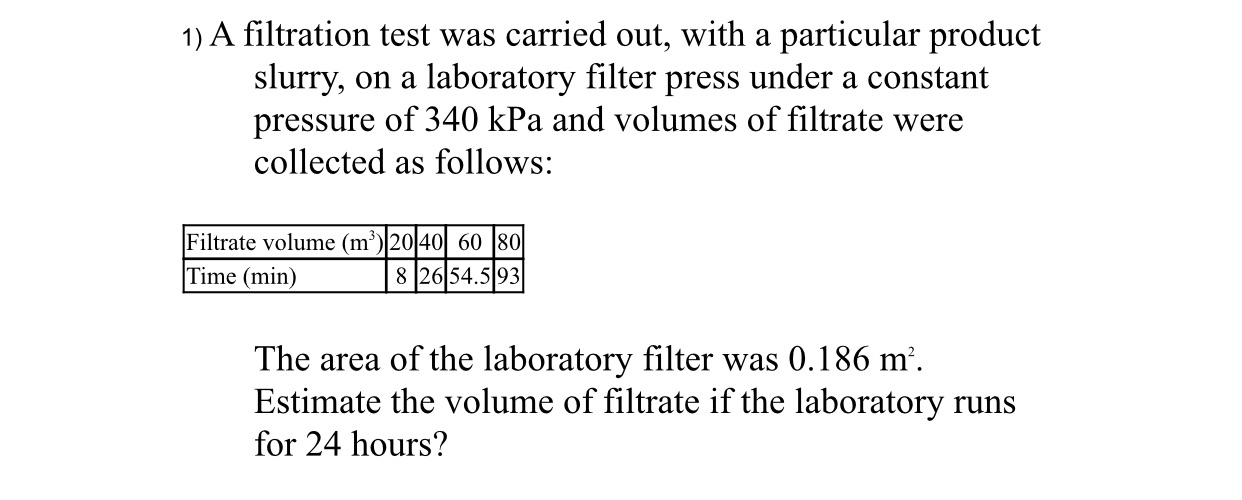 Solved A filtration test was carried out, with a particular | Chegg.com
