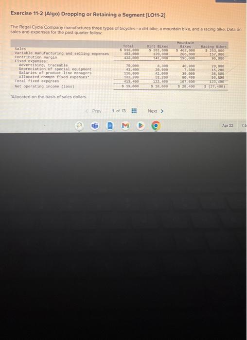 Solved Exercise 11-2 (Algo) Dropping or Retaining a Segment | Chegg.com