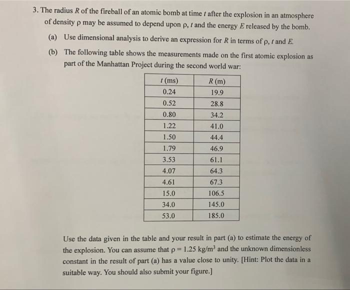 Solved 3. The radius R of the fireball of an atomic bomb at | Chegg.com