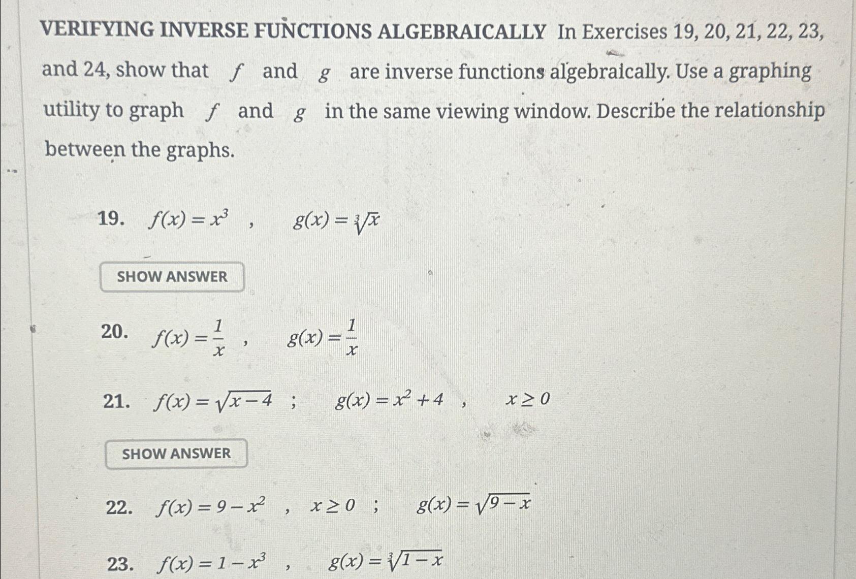 Solved VERIFYING INVERSE FUNCTIONS ALGEBRAICALLY In | Chegg.com