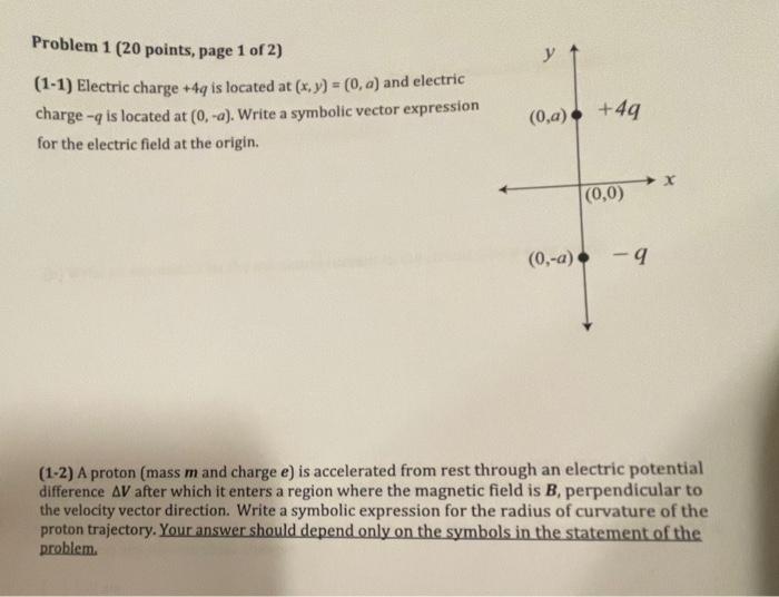 Solved (1-1) Electric charge +4q is located at (x,y)=(0,a) | Chegg.com