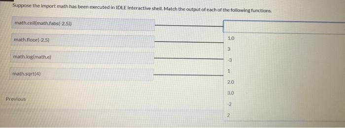 Solved Suppose the import math has been executed in IDLE | Chegg.com