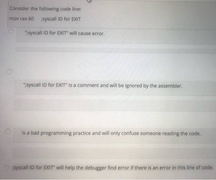 Solved Consider the following code line: mov rax 60 syscall | Chegg.com