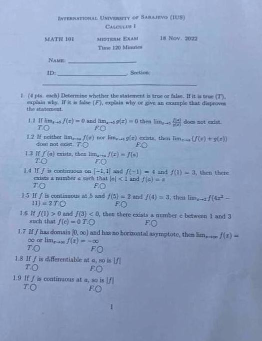 Solved Calculus 1MATH 101міттап ﻿EXAM18 ﻿Nov. 2022Time 120 | Chegg.com
