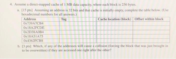 Solved 4. Assume a direct-mapped cache of 1MB data capacity, | Chegg.com