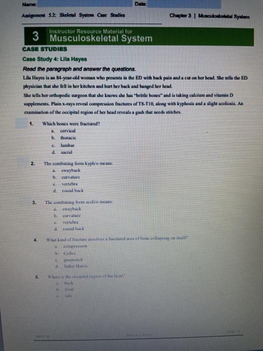 Name Assignment 52. Skeletal System Case Studies | Chegg.com