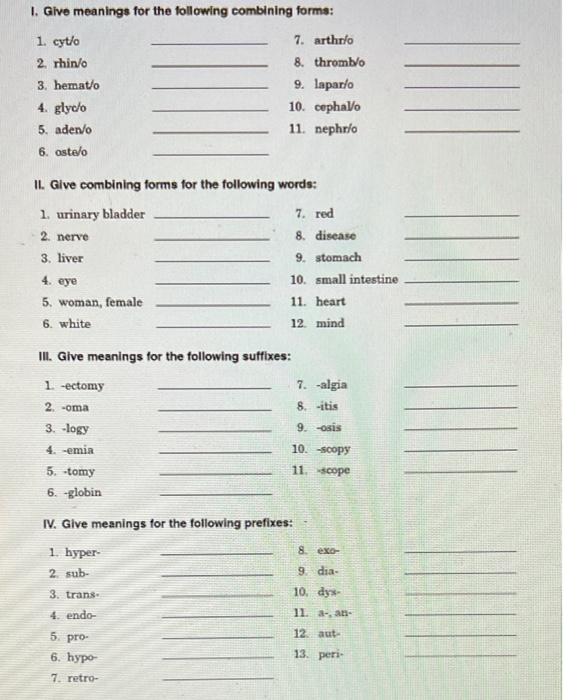 Solved 1. Give meanings for the following combining forms: | Chegg.com