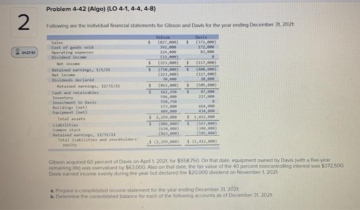 Solved Problem 4-42 (Algo) (LO 4-1, 4-4, 4-8) Following are | Chegg.com