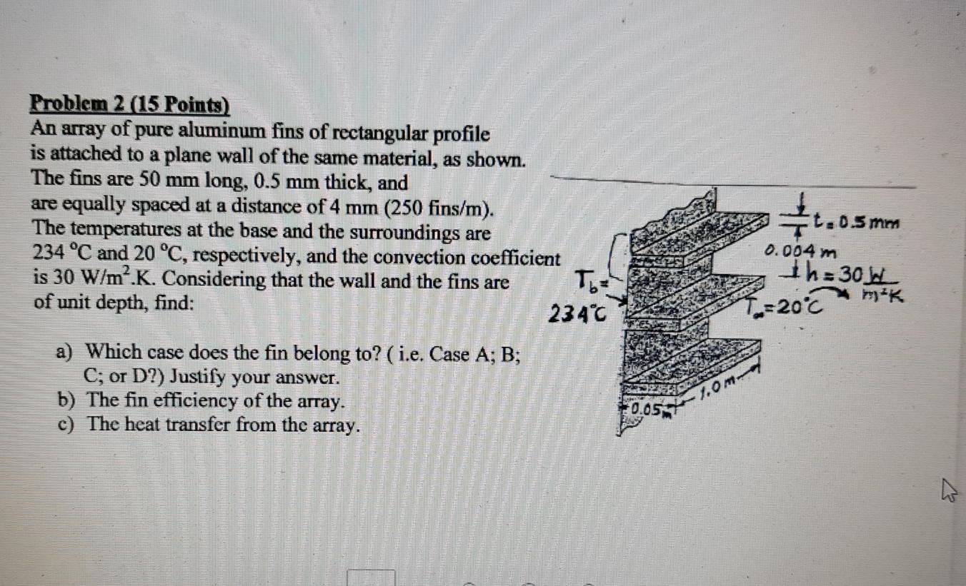 Solved Problem 2 (15 Points) An array of pure aluminum fins | Chegg.com