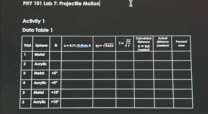 PHY 101 Lab 7: Projectile Motion Activity 1 Data | Chegg.com