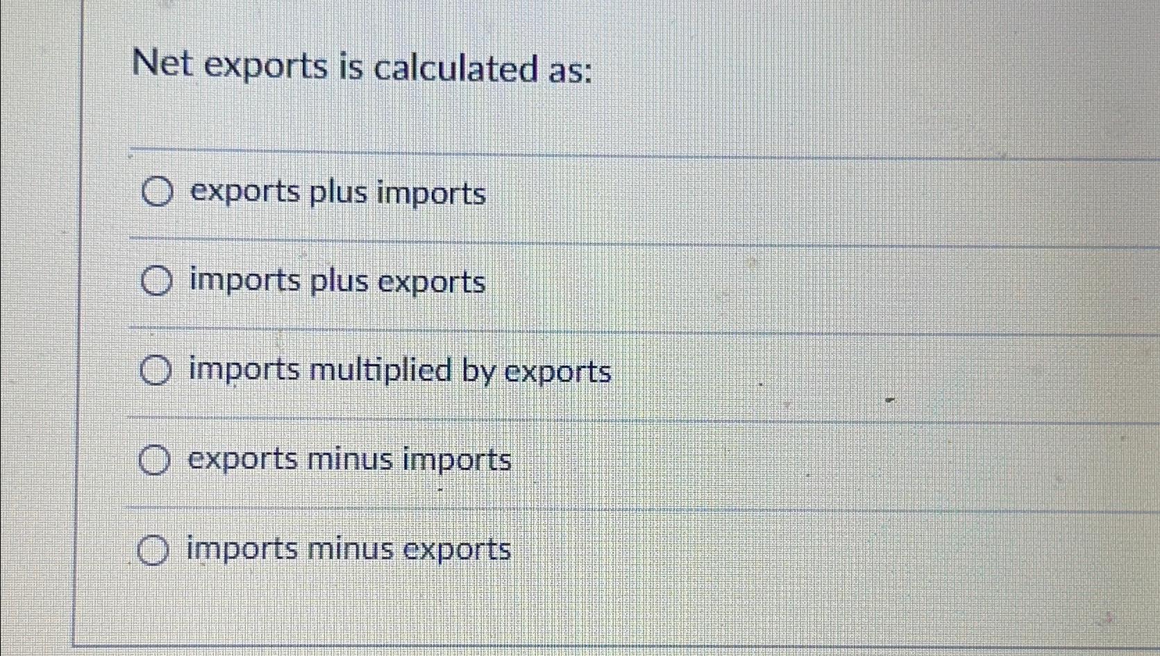Solved Net exports is calculated as:exports plus | Chegg.com