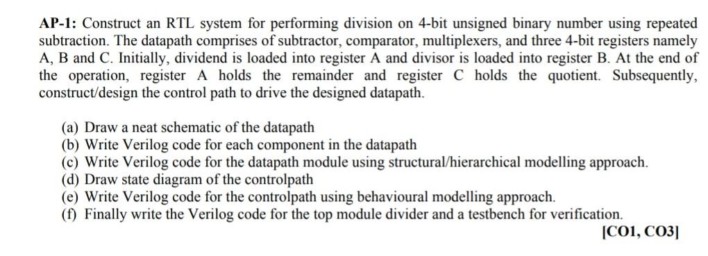 Solved AP-1: Construct an RTL system for performing division | Chegg.com