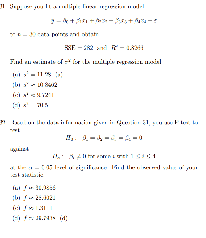 Solved 32. ﻿Suppose you fit a multiple linear regression | Chegg.com