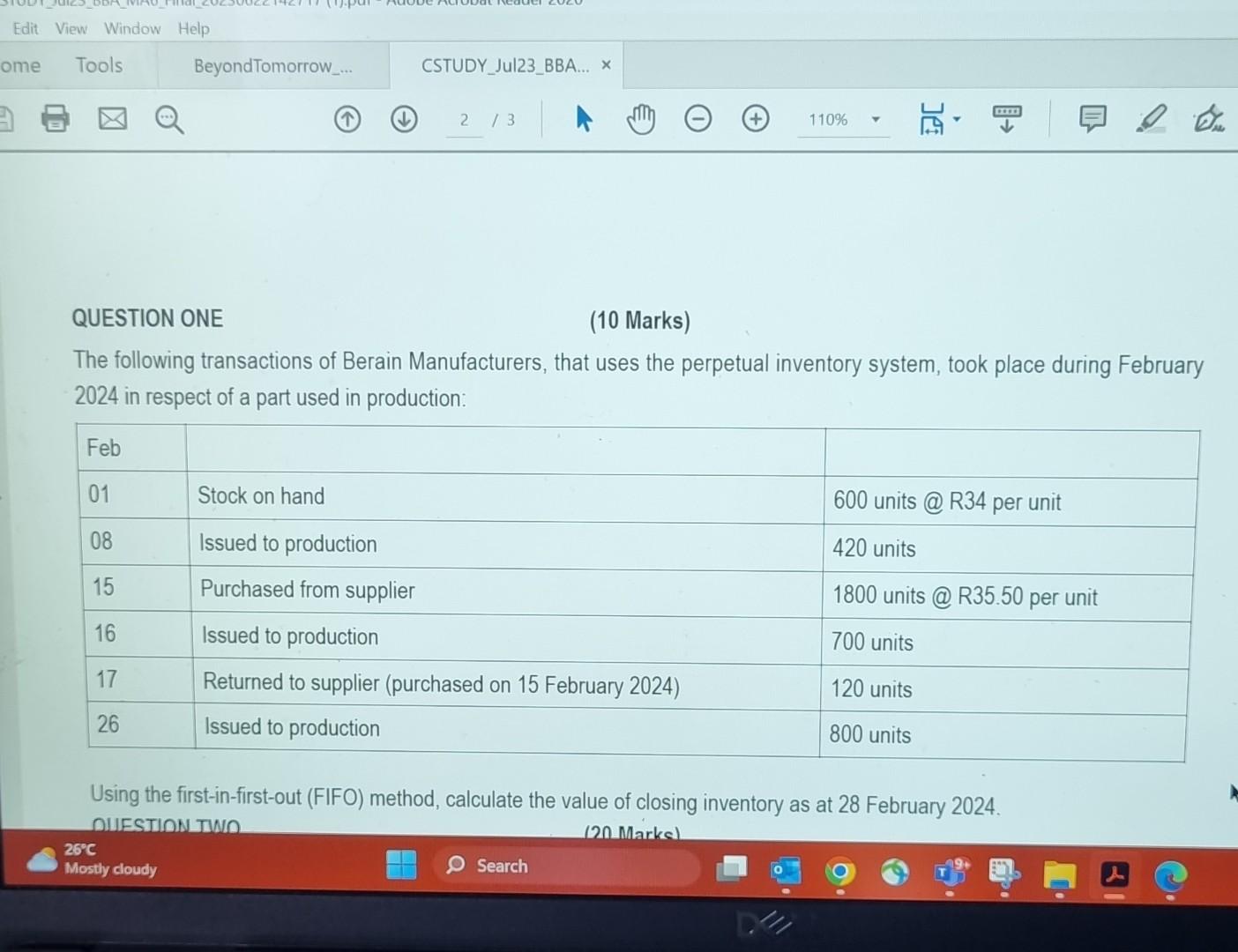 Solved QUESTION ONE (10 Marks) The following transactions of | Chegg.com