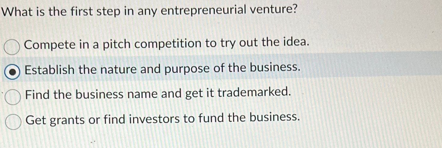 Solved What is the first step in any entrepreneurial | Chegg.com