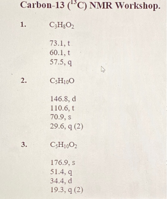 Solved Carbon-13 ("C) NMR Workshop. 1. C3H2O2 73.1, t. 60.1, | Chegg.com