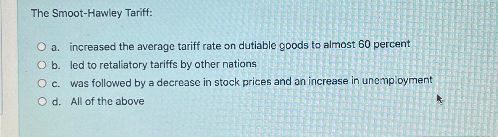 Solved The Smoot-Hawley Tariff:a. ﻿increased the average | Chegg.com