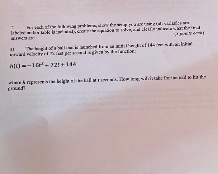 Solved 2. For each of the following problems, show the setup | Chegg.com