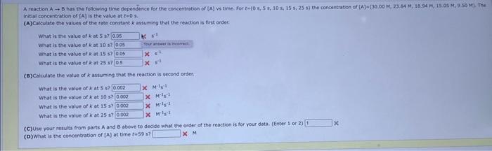 Solved initisl concentration of [A] is the value at t=0 s. | Chegg.com