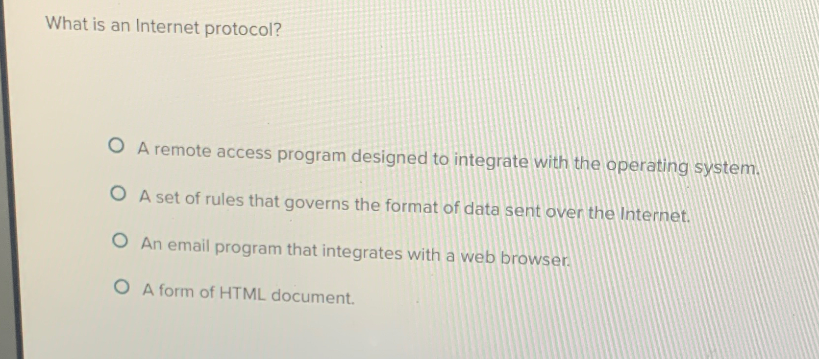 Solved What is an Internet protocol?A remote access program | Chegg.com
