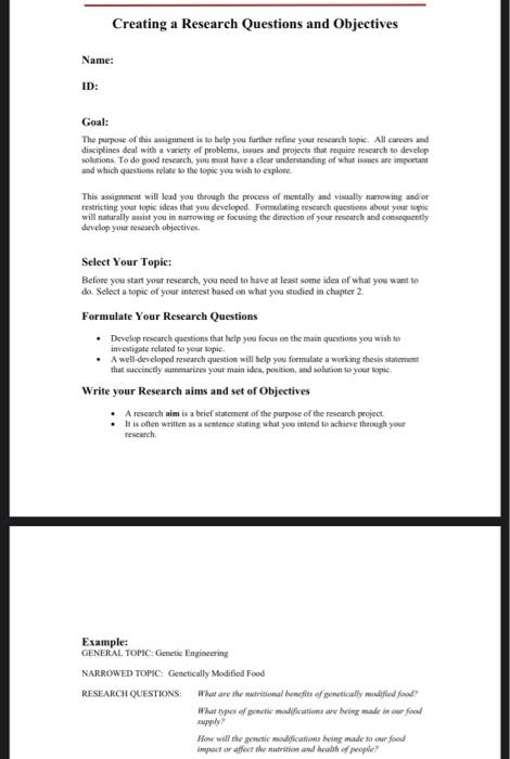 Solved Creating a Research Questions and Objectives Name: | Chegg.com