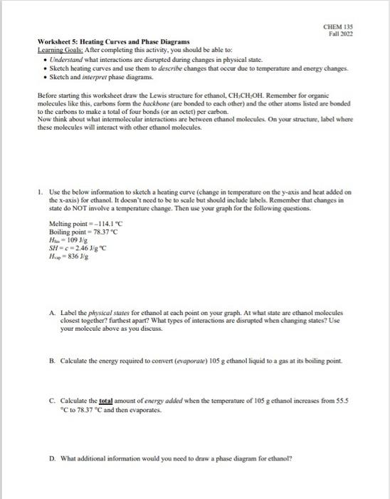 Solved CHEM 135 Worksheet 5: Heating Curves and Phase | Chegg.com