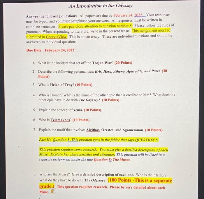 An Introduction to the Odyssey Answer the following | Chegg.com