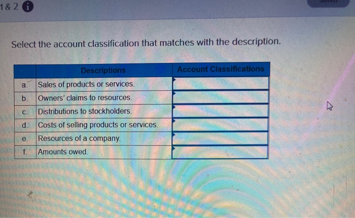 Solved 1& 2 0 Select the account classification that matches | Chegg.com