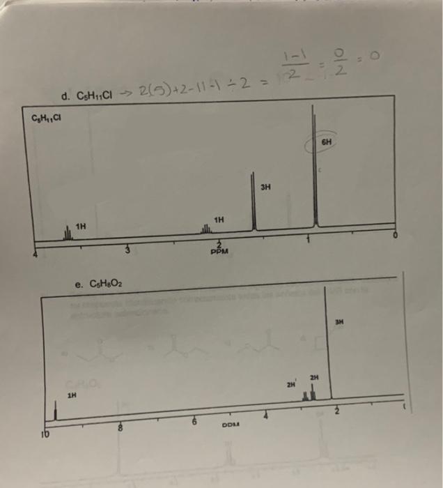Solved d. C5H11Cl→2(5)+2−11−1÷2=21−1=20=0 e. C5H8O2 | Chegg.com