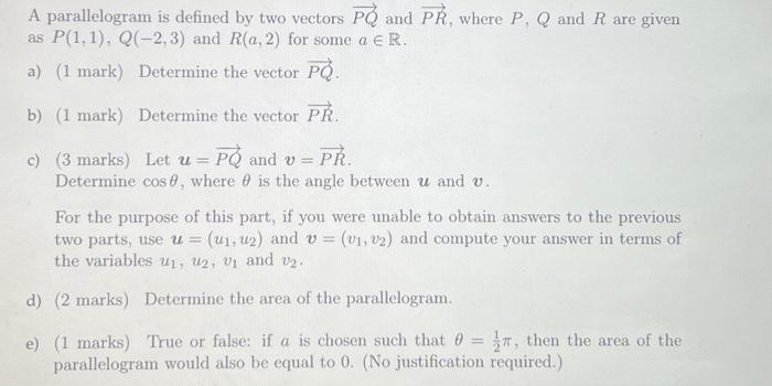 Solved A parallelogram is defined by two vectors PQ and PR, | Chegg.com