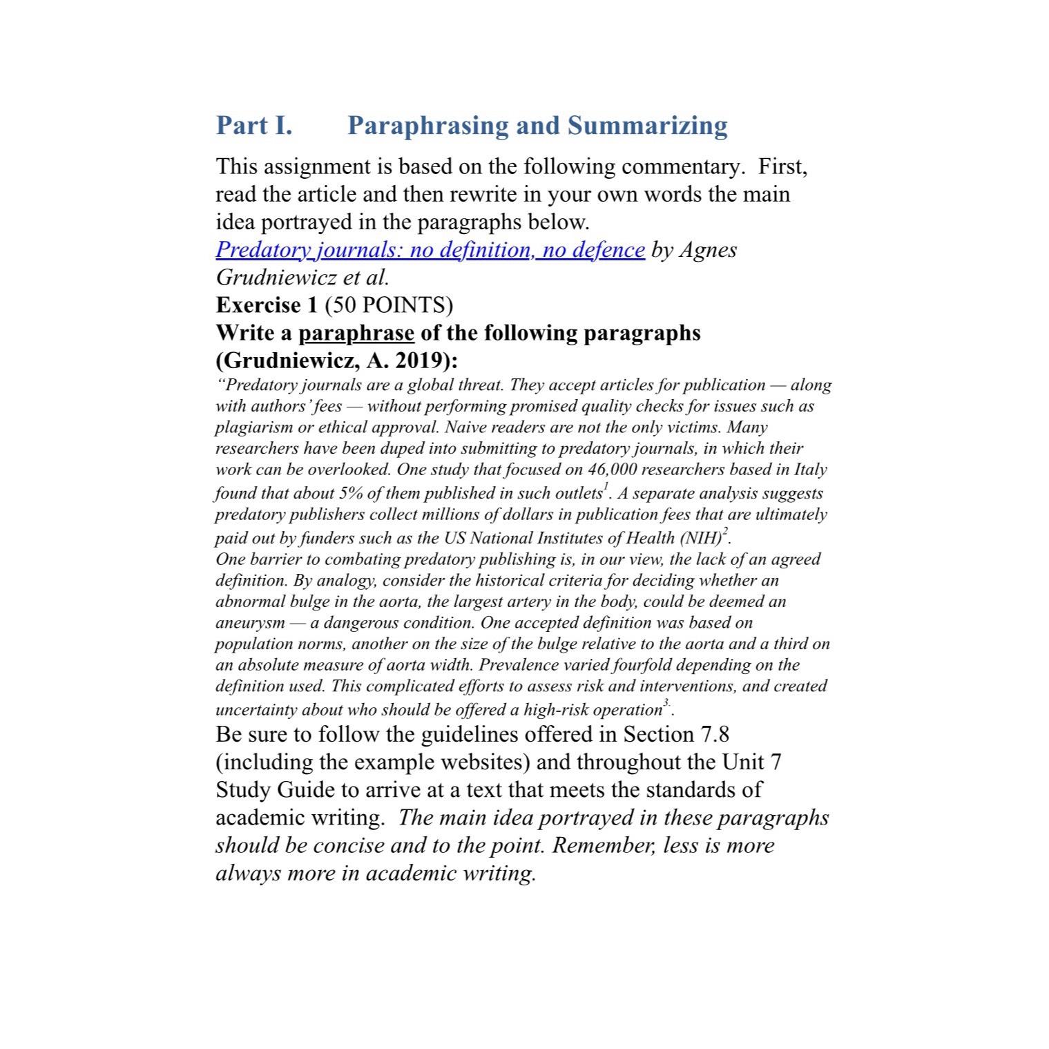 Part I. Paraphrasing and SummarizingThis assignment | Chegg.com